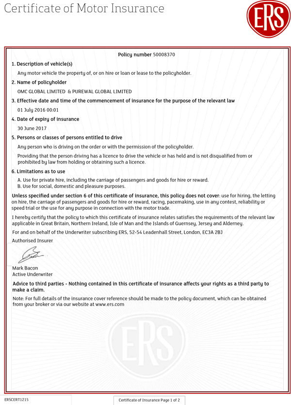 Motor Insurance Motor Insurance Certificate